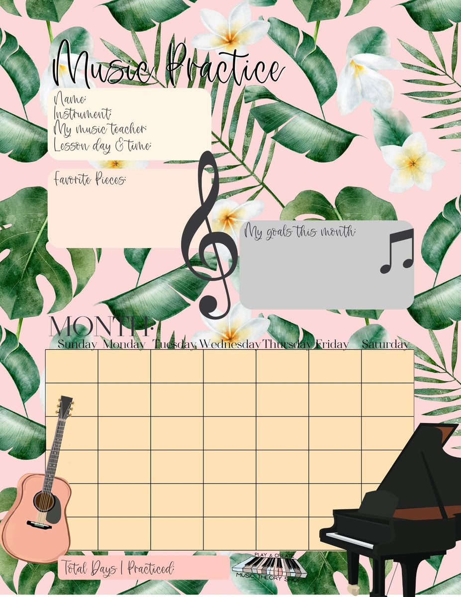3 Printable Music Practice Charts, Tracker, Tropical, Hummingbird, Fla ...