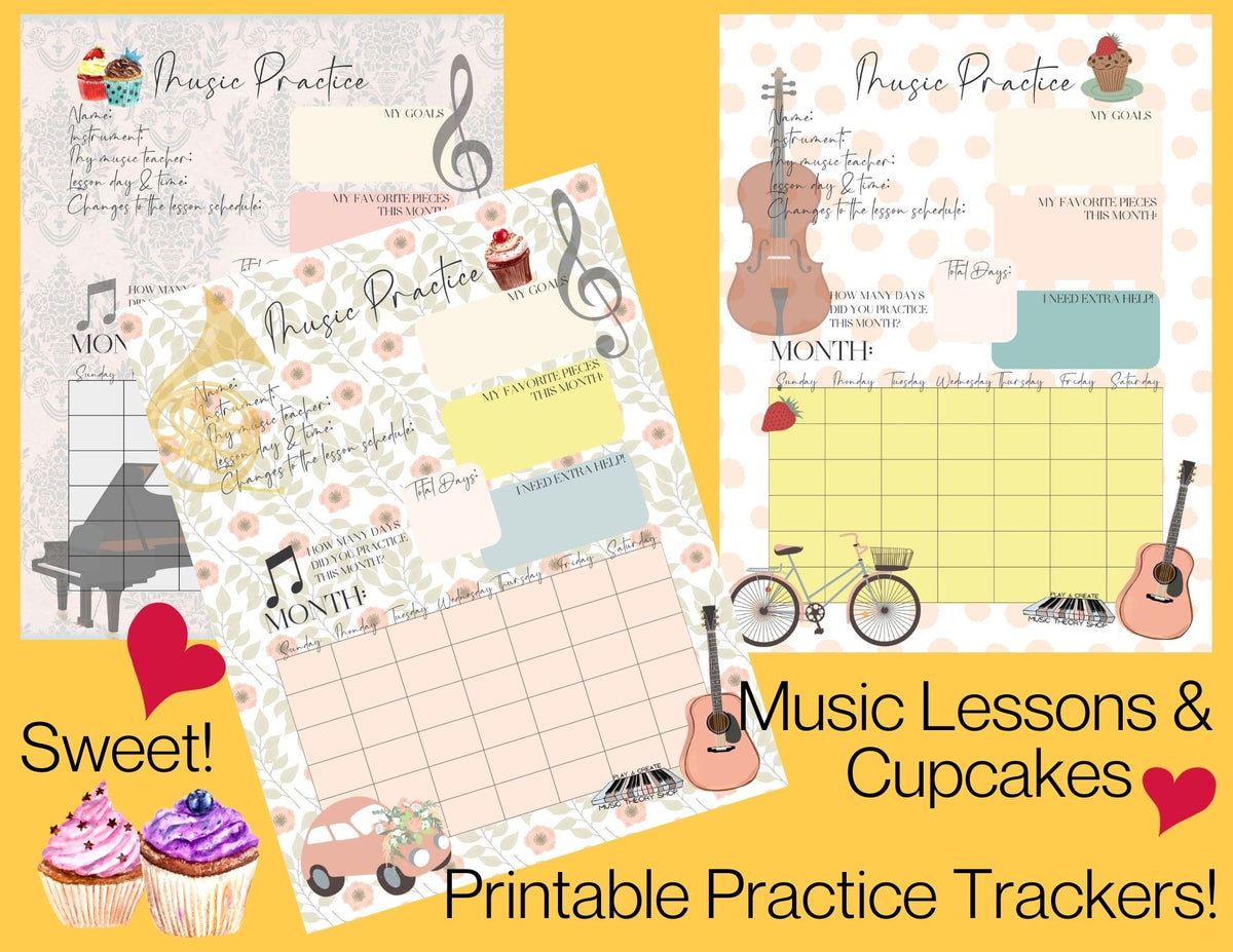 3 Printable Music Practice Charts, Tracker, Cupcakes, Harp, Piano, Gui ...