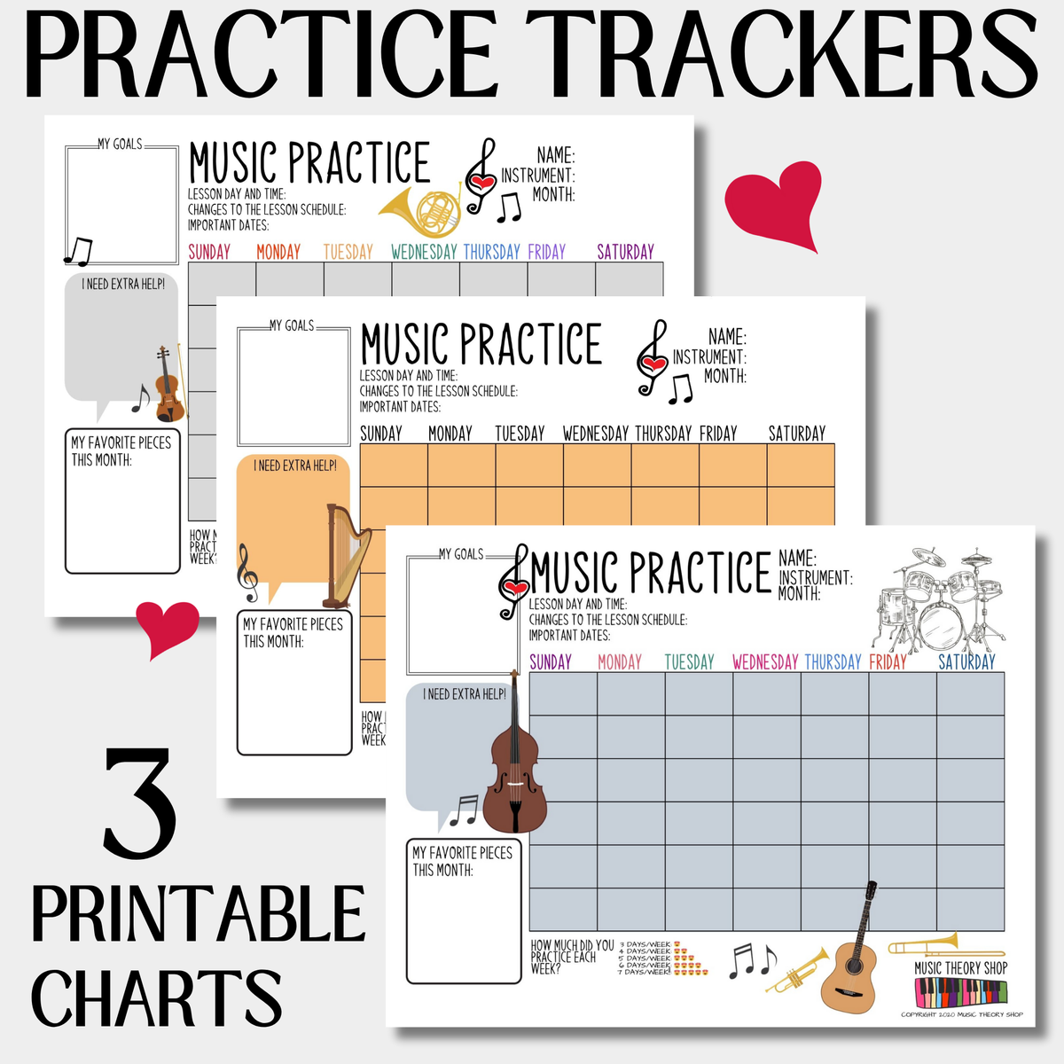 3 Printable Music Practice Charts, Tracker, Music Lessons, Music Progr ...