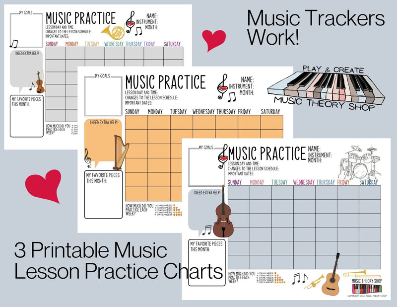 3 Printable Music Practice Charts, Tracker, Music Lessons, Music Progr ...